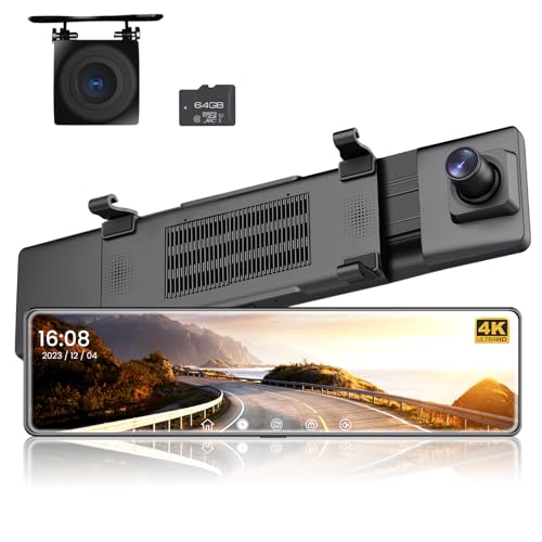 4K Rear View Mirror Camera,12" Mirror Dash Cam Backup Camera,Front and ...