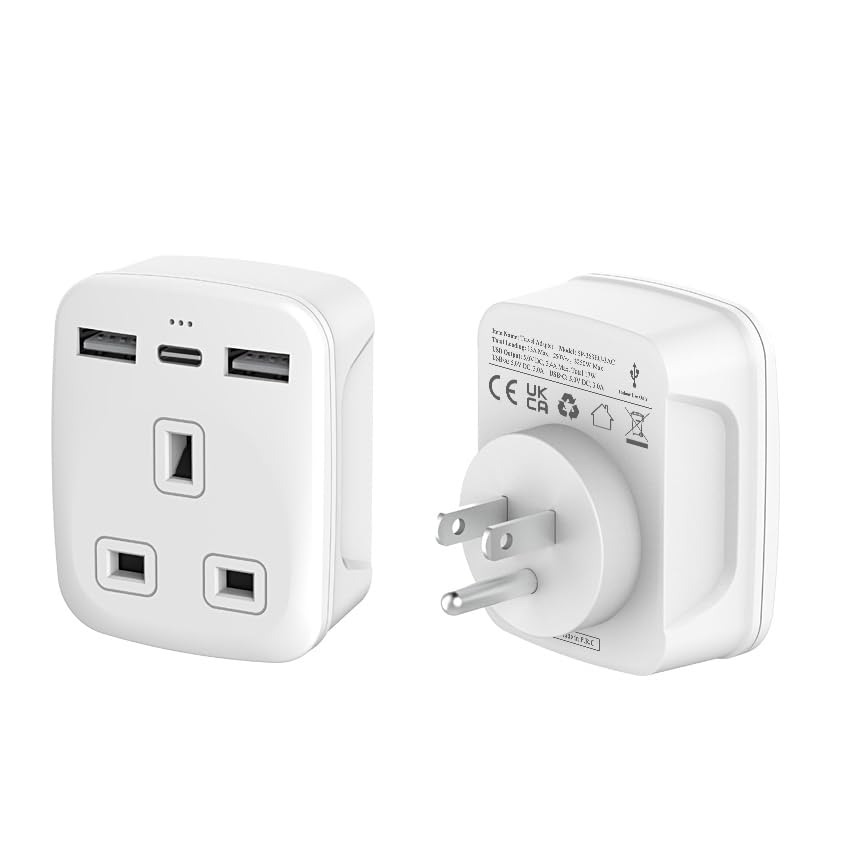 TechMax UK to USA Plug Adapter With USB Type G to Type B Travel Adapter ...