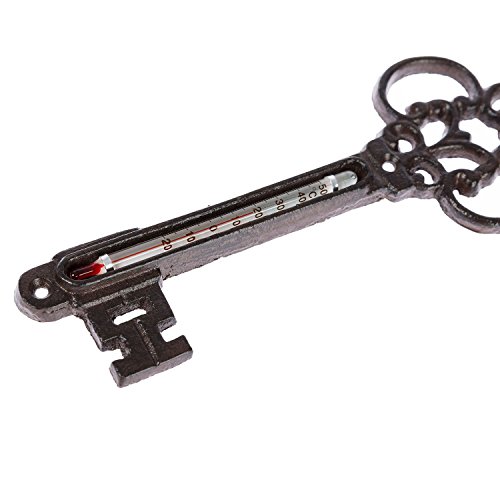 HOMESCAPES Brown Cast Iron Garden Thermometer Wall Mounted Ornate Key ...