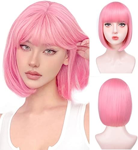 Amazon.com : Aida ble Pink Bob Wig With Bangs Short Pink Wig for women ...