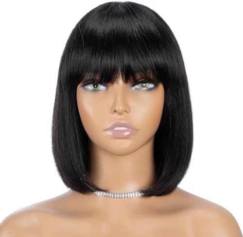 Amazon.com : Rebecca Fashion Bob Wig with Bangs Human Hair 10 Inch ...