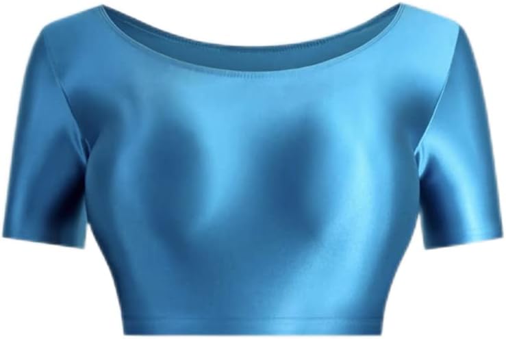 Amazon | MJINM 半袖へそ出しトップス ショート丈 レディース超光沢 レオタード 美肌 ダンス衣装 tシャツ クロップド丈 ...