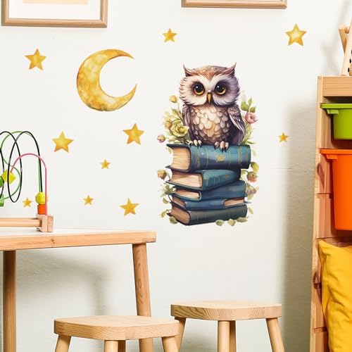 Amazon.com: Cute Owl Books Moon Stars Educational Wall Stickers ...