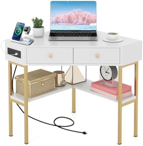 Amazon.com: Giantex Corner Desk with Charging Station, 90 Degree ...