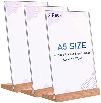 A5 Acrylic Sign Holder L-Shape Wooden Base Menu Holders for Restaurants ...