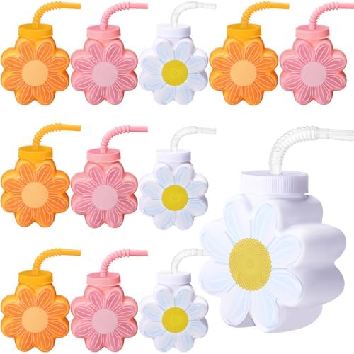 Amazon.com | XLSXEXCL 12 Pcs Daisy Flower Cups with Lids and Straws, 24 ...