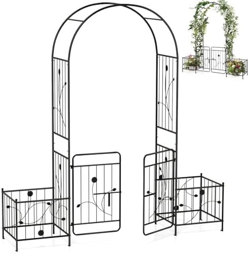 GiantexUK Garden Arch with Gate & Planter Boxes, 2.2M Metal Pergola ...