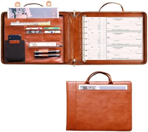 Amazon.com : 7 Ring Check Binder Cowhide Leather Check Portfolio for 3 ...