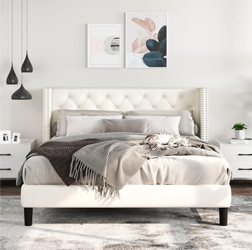 Amazon.com: Sunrise Coast Queen Size Bed Frame with Wingback Headboard Upholstered Platform Beds ...