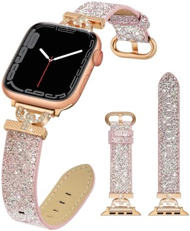 Amazon.com: Bling Leather Compatible with Apple Watch Bands 44mm Women ...