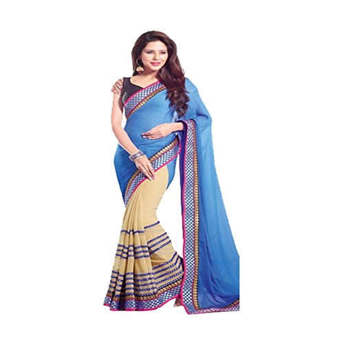 Buy Blue Saree Cream Patli Miror Work Georgette Indian Sari at Amazon.in