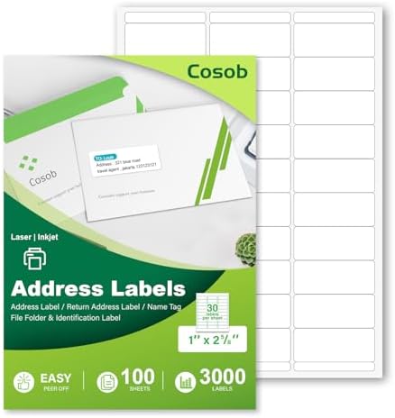 Amazon.com : COSOB 1" x 2-5/8" Address Labels for Laser/Inkjet Printer ...