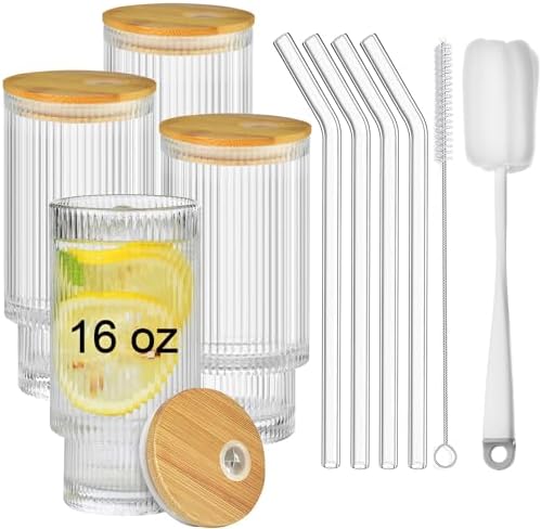 Amazon.com | DoceMora Ribbed Glass cups with Bamboo Lids and Glass ...