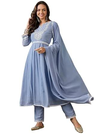 Buy LYMI LABEL Embroiderd Sequence Sky Blue Belted Goergate Kurta Pant ...