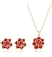 Amazon.com: EVEVIC Rose Flower Necklace Earrings Set for Women 18K Gold ...