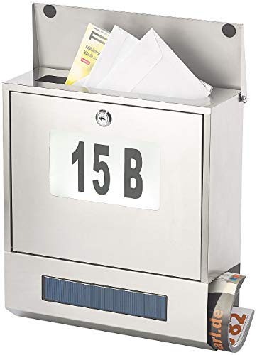 Lunartec Post Box: Stainless Steel Letterbox, Solar Light House Number ...
