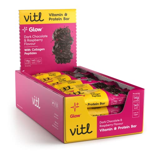 Vitl Glow Bar 15 x 40g - Dark Chocolate & Raspberry Flavour Vitamin ...