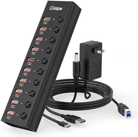 Amazon.com: Powered USB 3.2 Hub, Intpw 10 Port USB Adapter with 10Gbps ...