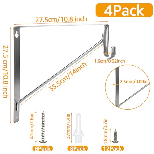 Oungy 4 Pack Heavy Duty Shelf Brackets, Silver Closet Rod Bracket ...