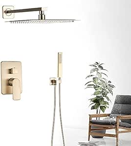 Brushed Golden Wall Mounted 8 Rainfall Bath Shower Faucet Set with Handshower Single Handle Rain ...