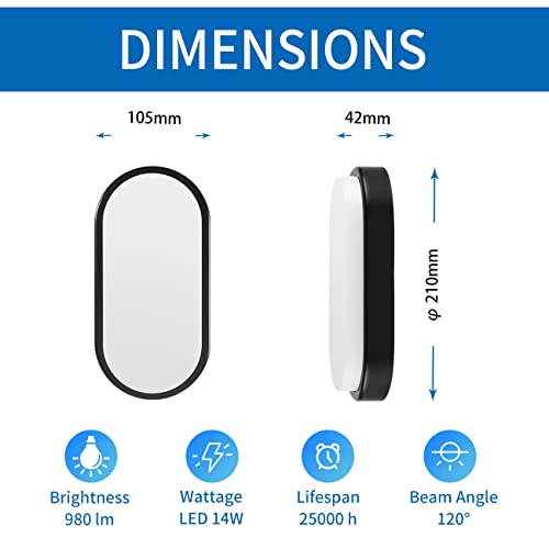 ANWIO 14W Outside Black Led Oval Bulkhead Light,Ip54 Waterproof Outdoor ...