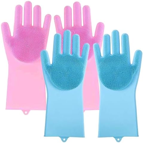 4Pcs 2 Pair of Silicone Hand Gloves with Wash Scrubber, Reusable Gloves ...