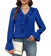 Funlingo Women's 2024 Long Sleeve Tops Dressy Casual V Neck Tunic Shirts Loose Chiffon Work ...