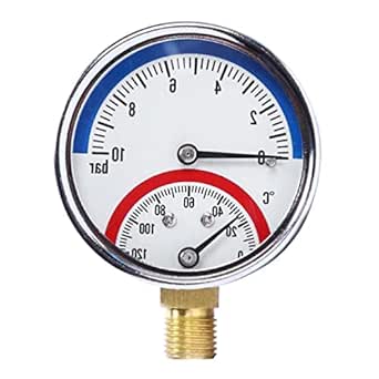 OUSFANAM Professional Thermo-Manometer Temperature & Pressure Gauge Up to 120℃ & 10 Bar G1/4 ...
