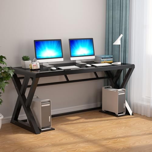 Amazon.com: URRED Computer Desk Glass Top and Metal Frame, Desk Table ...