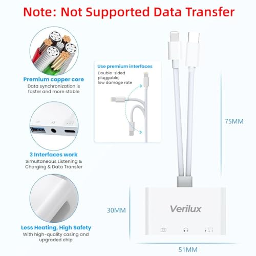 Verilux 3 in 2 Lighting to Type C Audio & Charging Connector, Type-C ...