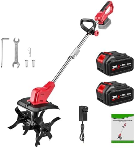 Electric Tiller, 21V Electric Garden Rotavator with 2 × 4.0Ah Battery ...