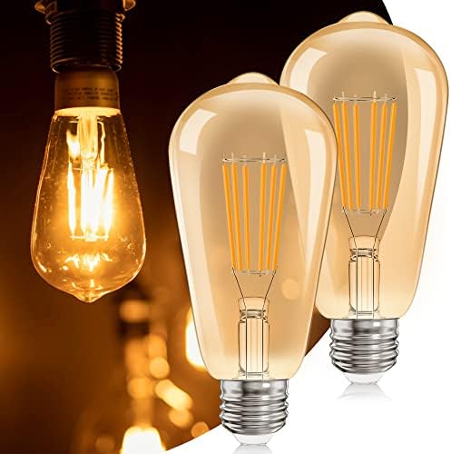 UNILAMP Dimmable Vintage LED Bulb, ST64 E26 Base, 6W Amber Warm, 600lm, 60W Equivalent (2 Packs ...