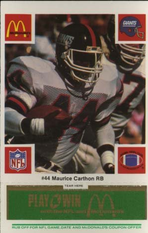 Maurice Carthon "New York Giants" McDonald's NFL Play & Win 1986 ...