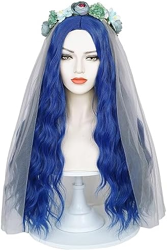 Amazon.com : Blue Bride Wig for Corpse Costume, Long Wavy Wig with ...