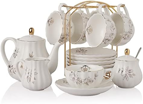Amazon.com | LE POTOCIO Bone China Tea Set, 21-Pieces Porcelain Tea Set for Adults, Tea Cups And ...