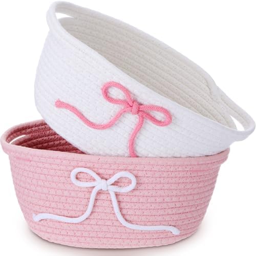 Amazon.com: Glooglitter 2 Pcs Pink Bow Storage Baskets Woven Cotton ...