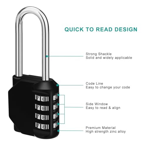 Snapklik.com : ZHEGE Long Shackle Combination Lock, 4 Digit Resettable ...