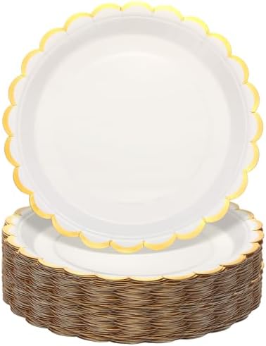 Amazon.com: Maxcheck 50 Pcs White Scalloped Paper Plates with Gold Foil ...