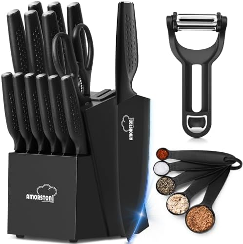 Amazon.com: Astercook 15 Piece Knife Set with Sharpener Block - German ...