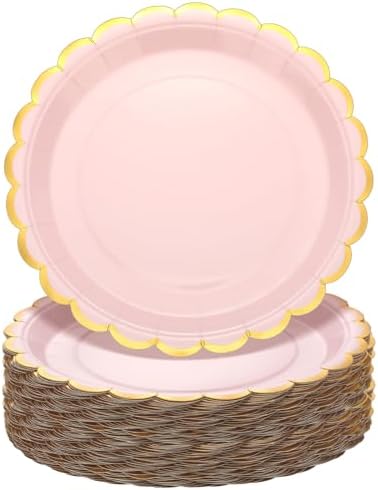 Amazon.com: Maxcheck 50 Pcs Pink Scalloped Paper Plates with Gold Foil ...