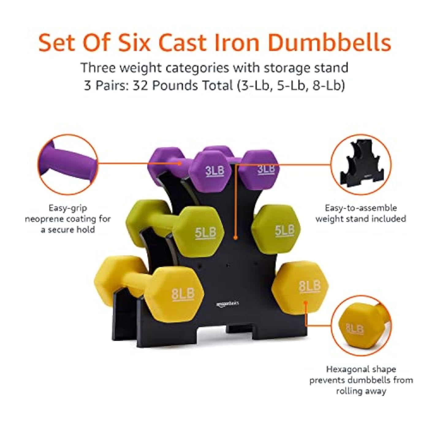 Snapklik.com : Basics Neoprene Dumbbell Hand Weights, Rack