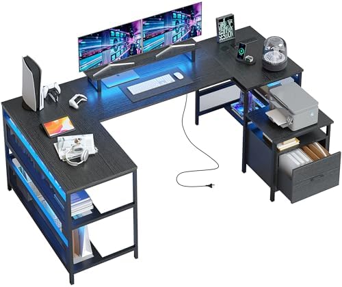 Amazon.com: ODK U Shaped Desk with Power Outlets & LED Strip & Monitor ...