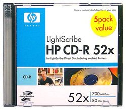 HP Lightscribe Optical Media CD-R 52X Blank w/Slim Jewel Case 5 Pack ...
