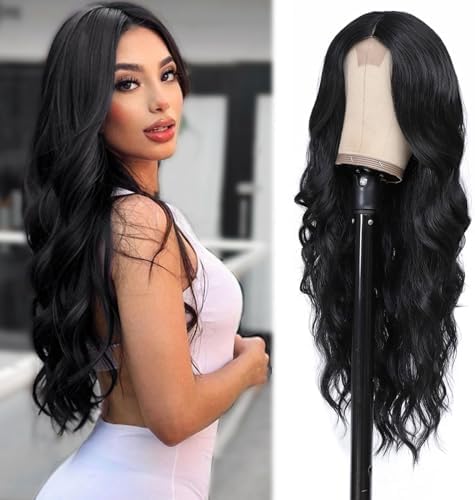 Amazon.com : 26 Inch Long Black Wavy Wigs for Women Synthetic Body Wave ...