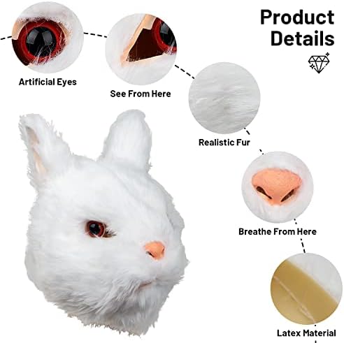 CreepyParty White Rabbit Mask Cute Flurry Bunny Head Animal Latex Full ...