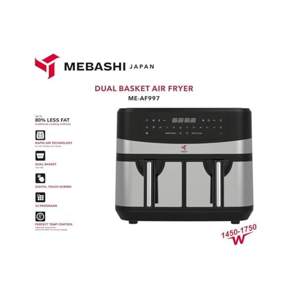 Mebashi Air Fryer: 9L full capacity with Independently Controlled Dual 4.5L Baskets, 1750 Watts ...