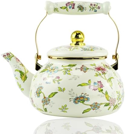 Amazon.com: Leebright Floral Enamel Tea Kettle Bohemian Gold Beige ...