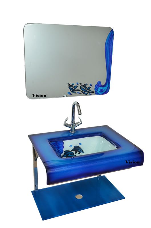 Oath Vision Glass Wash Basin With Mirror Shelf & Steel Stand (17"x18 ...