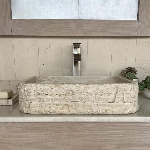 Natural Tan Travertine Vessel Sink – Modern Rustic Chiseled Round Bowl ...