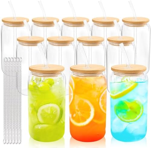 Joyclub 12 Set Glass Cups with Bamboo Lids and Straws 16oz Can Shaped ...